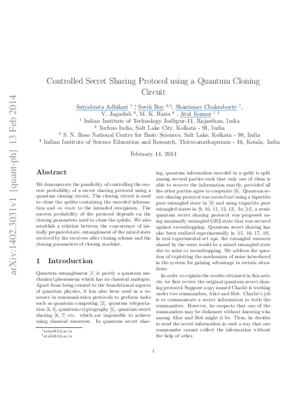 (PDF) Controlled secret sharing protocol using a quantum cloning circuit