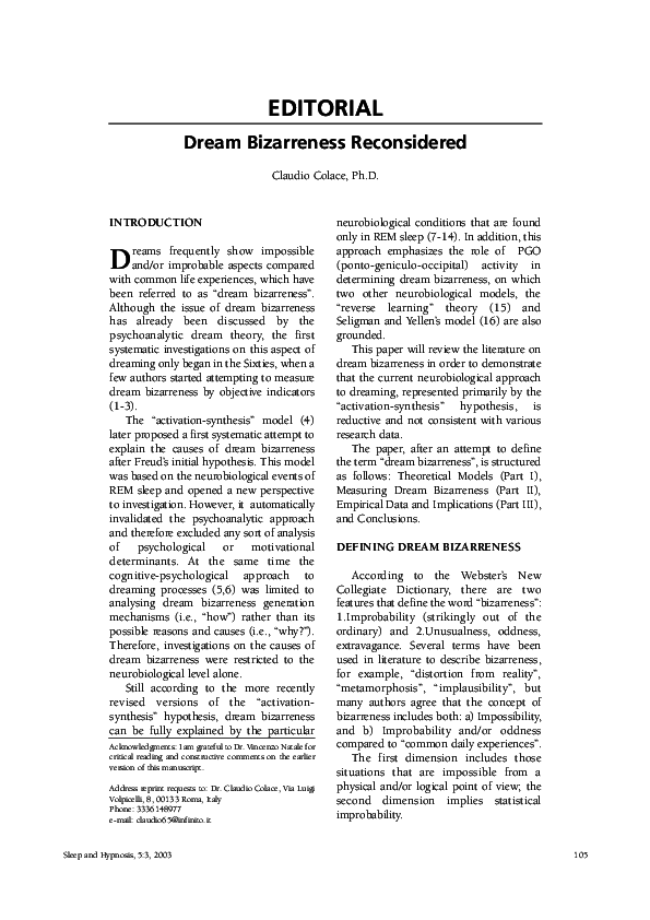 (PDF) Dream Bizarreness Reconsidered | Claudio Colace - Academia.edu