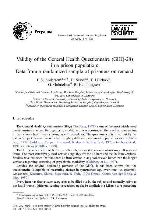 (PDF) Validity of the General Health Questionnaire (GHQ-28) in a prison population