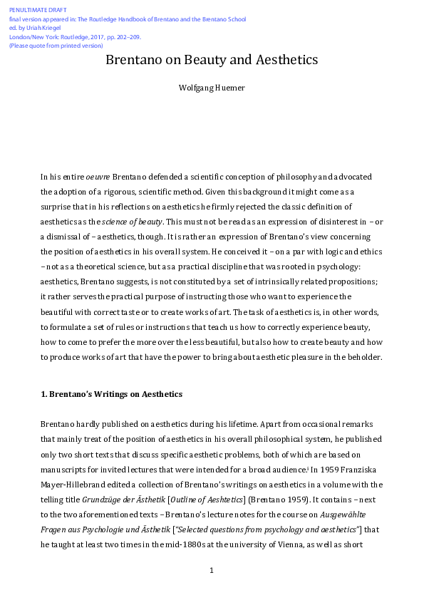 (PDF) Brentano on Beauty and Aesthetics, in: Routledge Handbook of ...