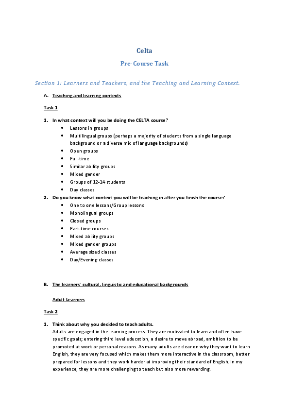 (PDF) Celta Pre-Course Task Section 1: Learners and Teachers, and the ...