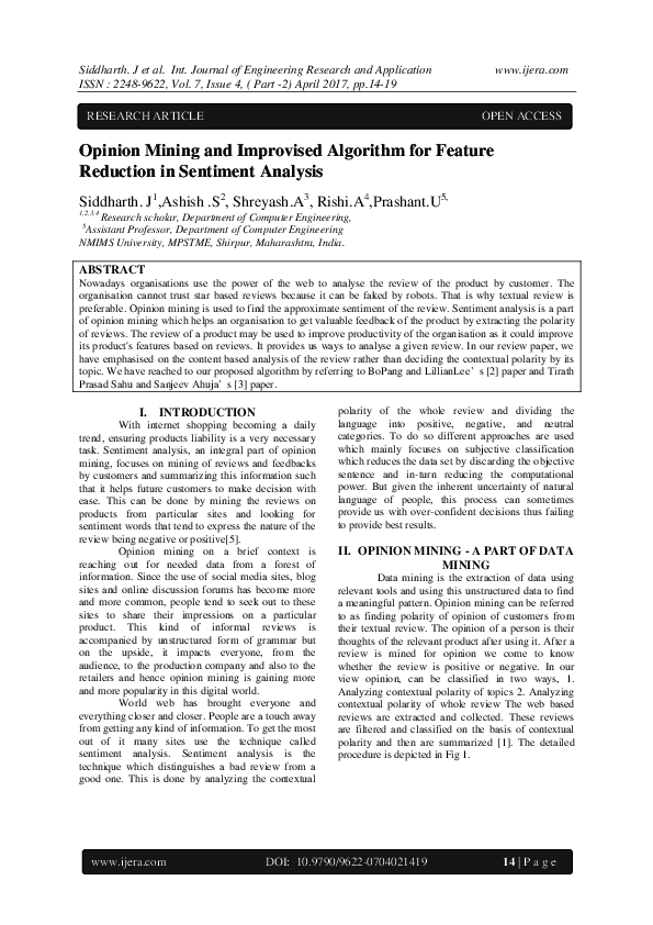 Pdf Opinion Mining And Improvised Algorithm For Feature Reduction In