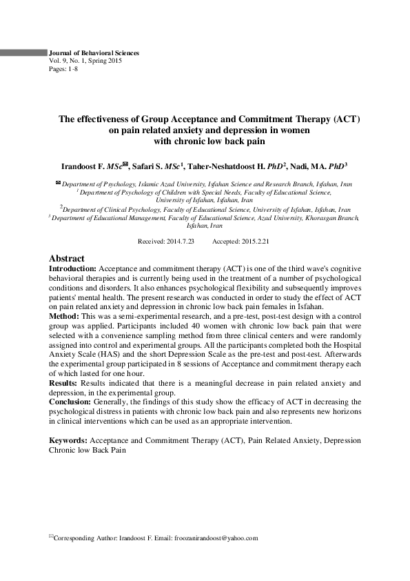 (PDF) The effectiveness of Group Acceptance and Commitment Therapy (ACT) on pain related anxiety ...