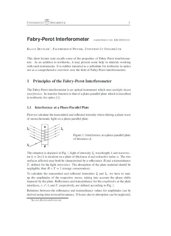 (PDF) Fabry-Perot Interferometer FABRYPEROT . TEX KB 20020122