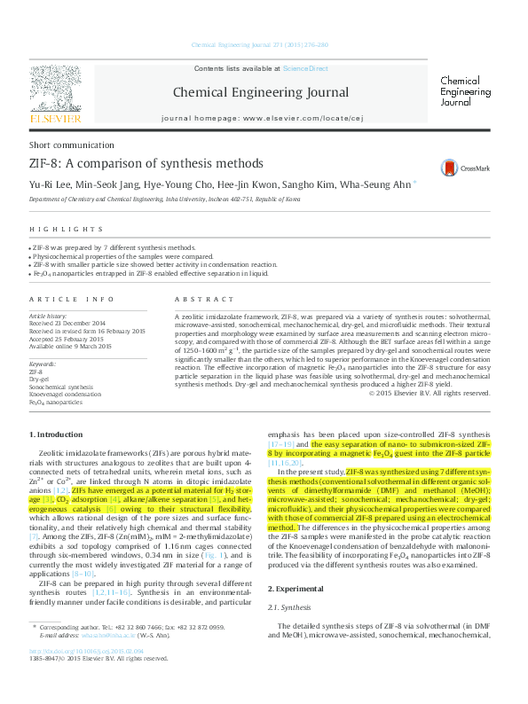 (PDF) ZIF-8: A comparison of synthesis methods
