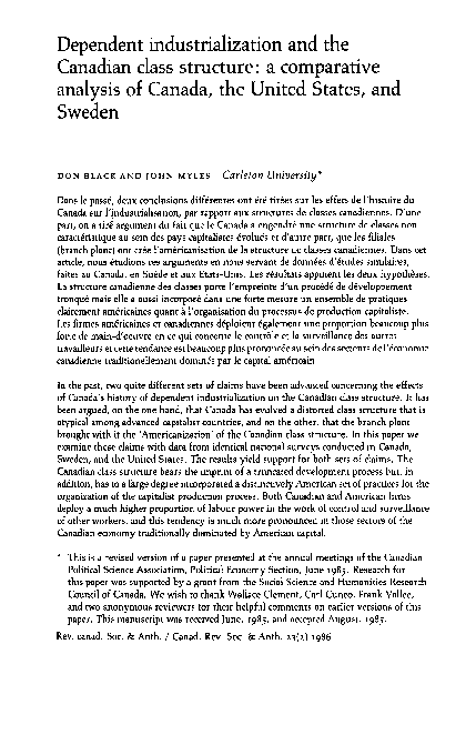(PDF) Dependent industrialization and the Canadian class structure