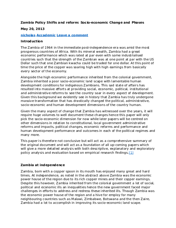(DOC) Zambia Policy Shifts and reform: Socio-economic Change and Phases