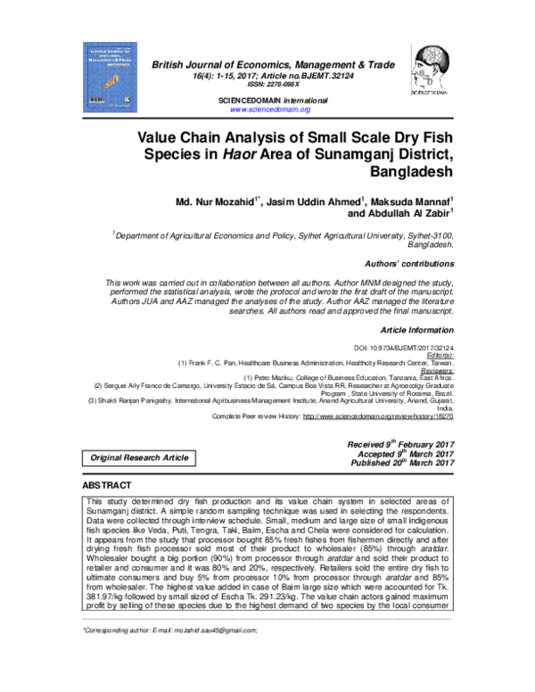 (PDF) Value Chain Analysis of Small Scale Dry Fish Species in Haor Area ...