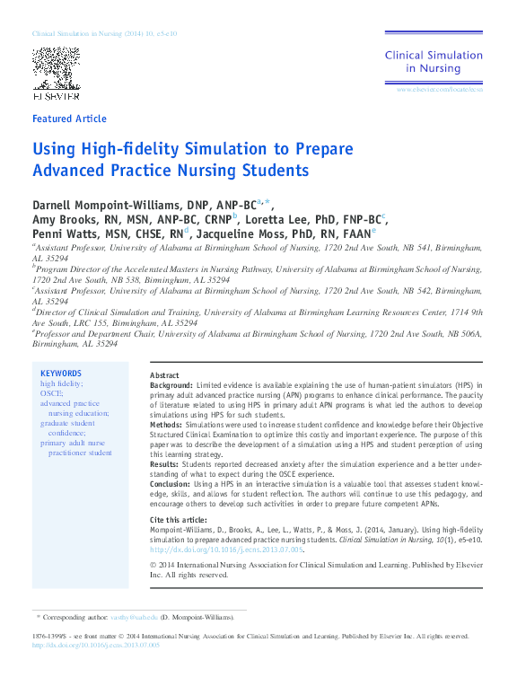 (PDF) Using High-fidelity Simulation to Prepare Advanced Practice ...