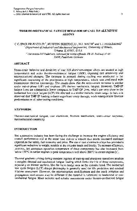 (PDF) THERMO-MECHANICAL FATIGUE BEHAVIOR OF CAST 319 ALUMINUM ALLOYS ...