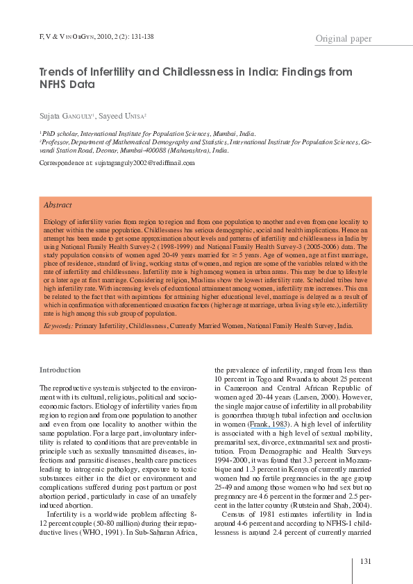 (PDF) Trends of Infertility and Childlessness in India: Findings from ...