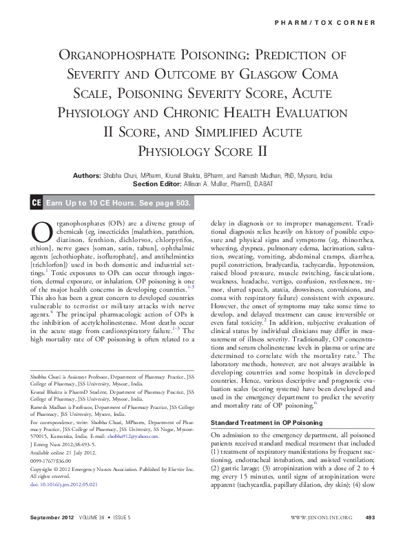 (PDF) Organophosphate Poisoning: Prediction of Severity and Outcome by ...