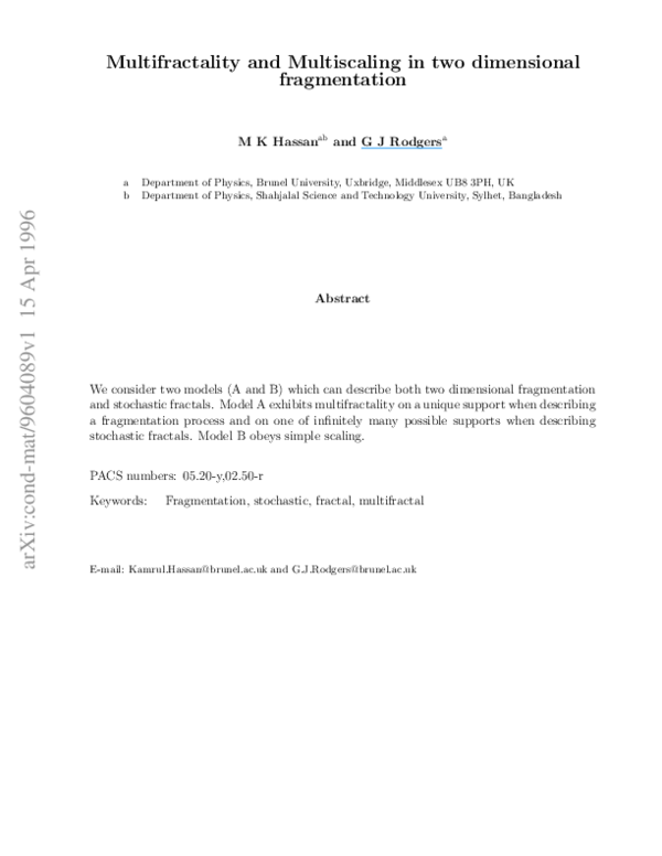 (PDF) Multifractality and multiscaling in two dimensional fragmentation