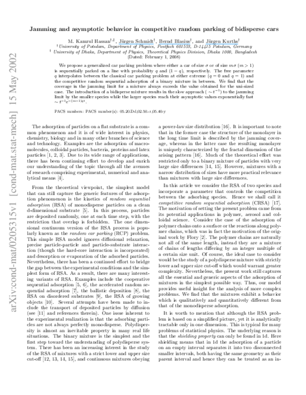 (PDF) Jamming and asymptotic behavior in competitive random parking of bidisperse cars