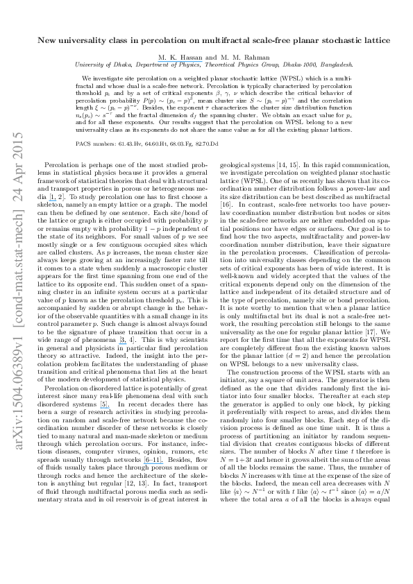 (PDF) New universality class in percolation on multifractal scale-free planar stochastic lattice