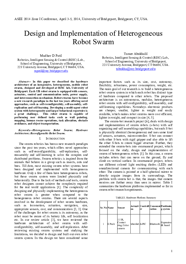 Pdf Design And Implementation Of Heterogeneous Robot Swarm
