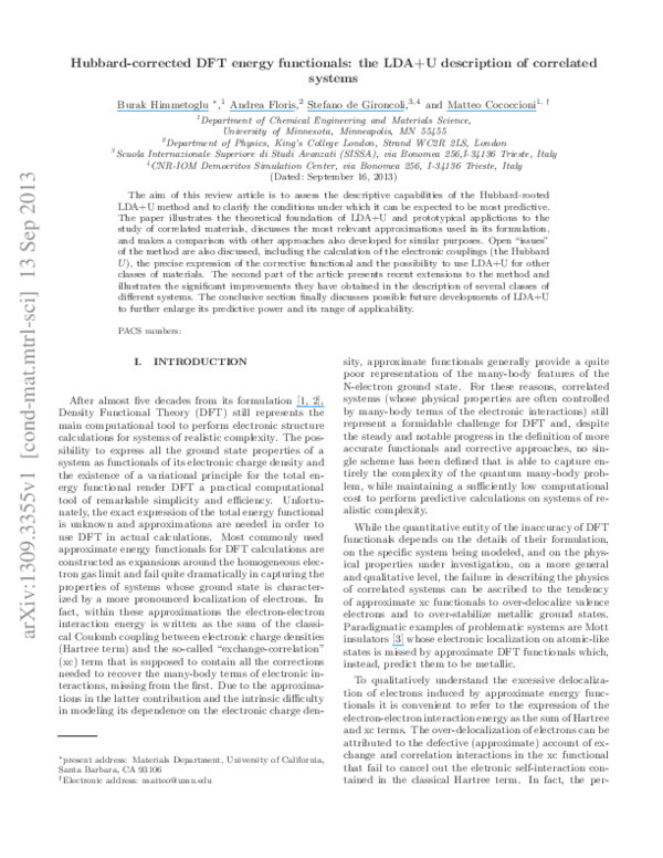 (PDF) Hubbard-corrected DFT energy functionals: The LDA+U description ...
