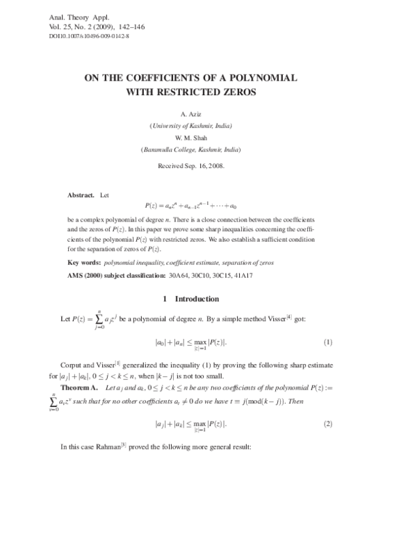 (PDF) On the coefficients of a polynomial with restricted zeros