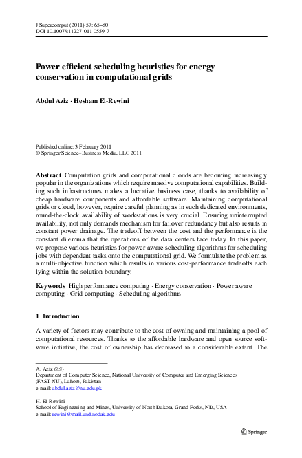 (PDF) Power efficient scheduling heuristics for energy conservation in computational grids