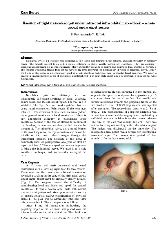 (PDF) Excision of right nasolabial cyst under intra oral infra orbital ...