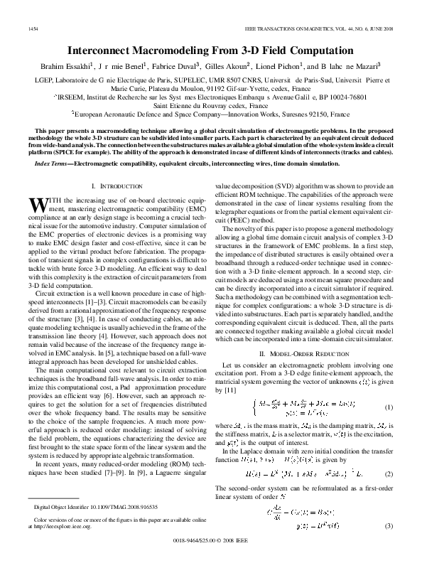 (PDF) Interconnect Macromodeling From 3-D Field Computation