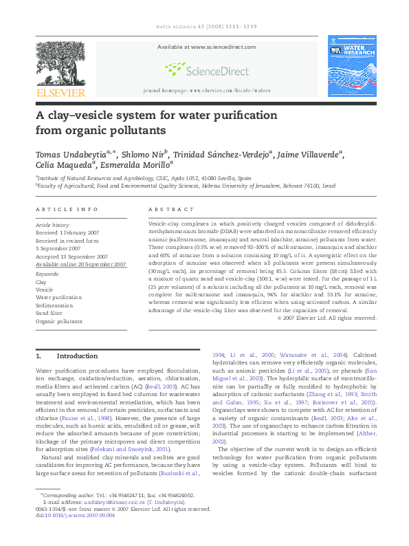 (PDF) A clay–vesicle system for water purification from organic pollutants