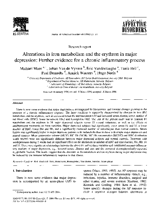 (PDF) Alterations in iron metabolism and the erythron in major ...