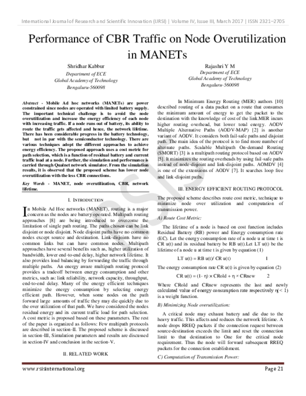 Pdf Performance Of Cbr Traffic On Node Overutilization In Manets