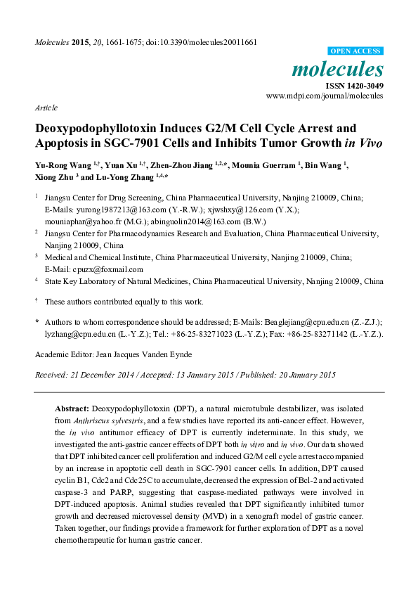 (PDF) Deoxypodophyllotoxin Induces G2/M Cell Cycle Arrest and Apoptosis in SGC-7901 Cells and ...