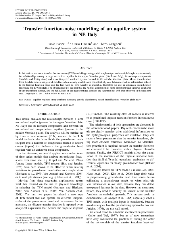 (PDF) Transfer function-noise modelling of an aquifer system in NE Italy