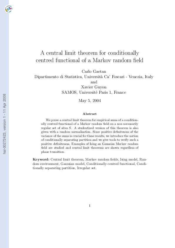 Pdf Central Limit Theorem For A Conditionally Centred Functional Of A Markov Random Field