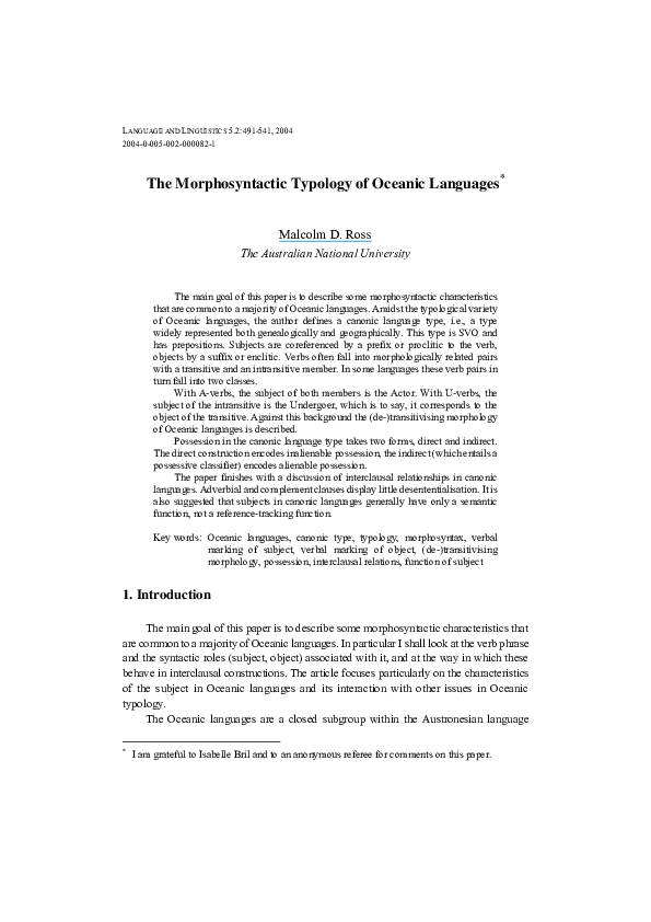 (PDF) The morphosyntactic typology of Oceanic languages | Malcolm Ross ...