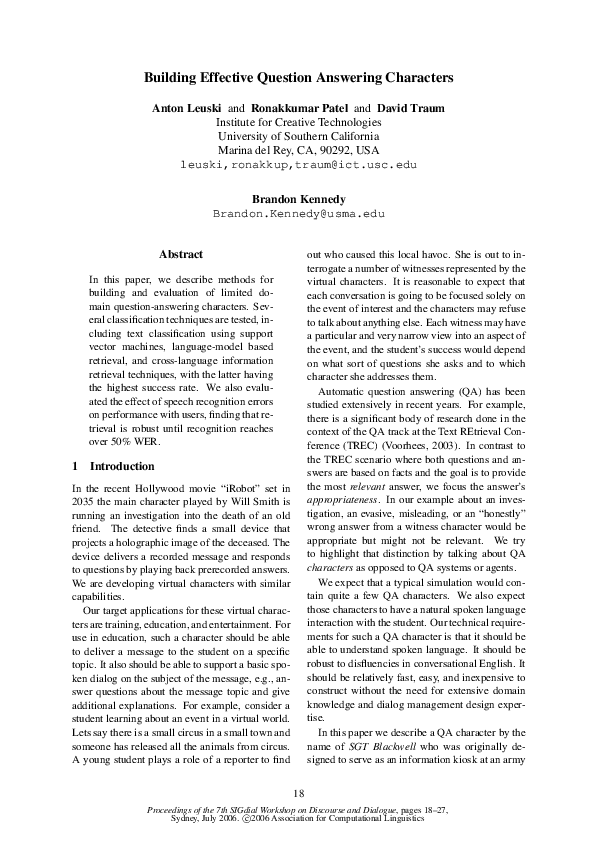 (PDF) Building effective question answering characters