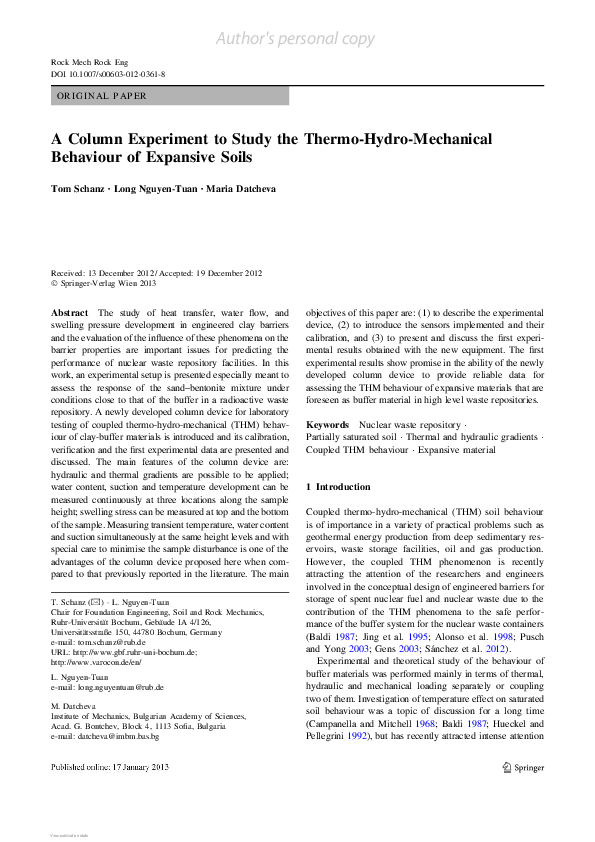 (PDF) A Column Experiment to Study the Thermo-Hydro-Mechanical Behaviour of Expansive Soils