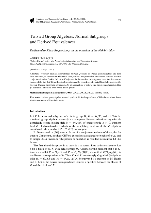 (PDF) Twisted Group Algebras, Normal Subgroups and Derived Equivalences