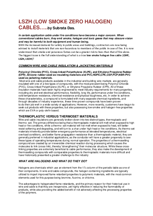 (PDF) LSZH (LOW SMOKE ZERO HALOGEN) CABLES…..by Subrata Das