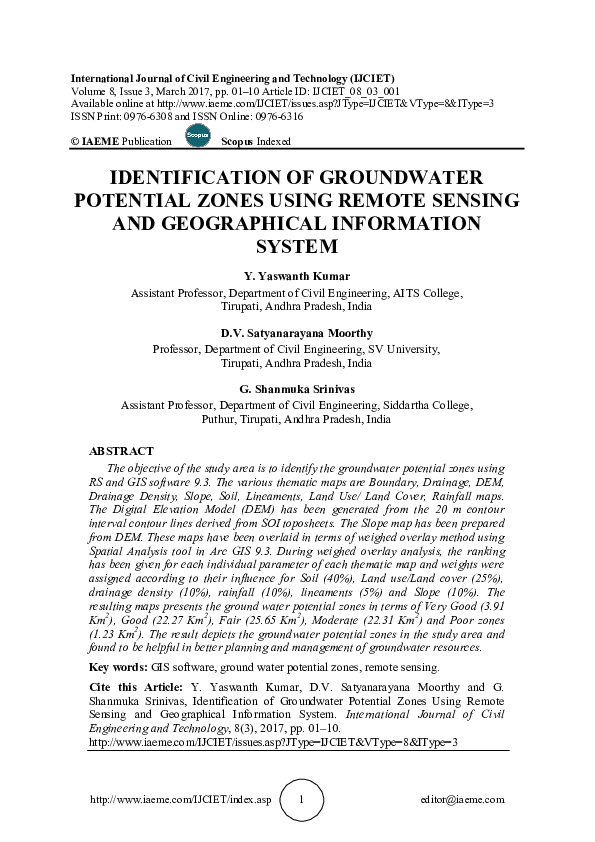 Pdf Identification Of Groundwater Potential Zones Using Remote Sensing And Geographical