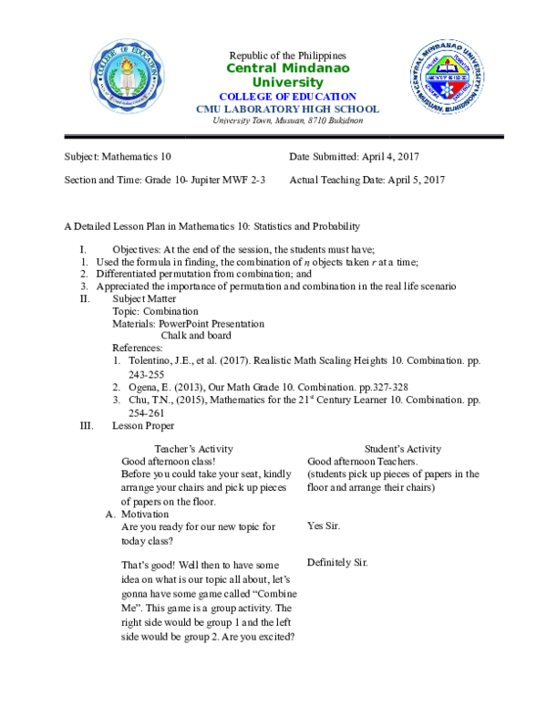 (DOC) Central Mindanao University A Detailed Lesson Plan in Mathematics ...