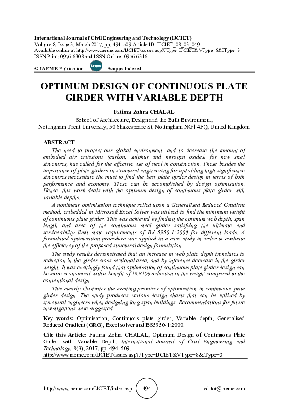 (PDF) OPTIMUM DESIGN OF CONTINUOUS PLATE GIRDER WITH VARIABLE DEPTH