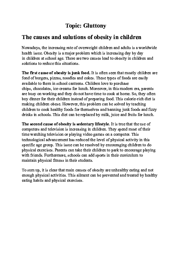 (DOC) Topic: Gluttony The causes and sulutions of obesity in children