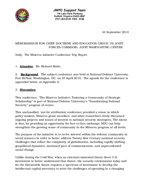 (DOC) Minerva Initiative Conf Rpt Maltz 16Sep | richard S maltz ...