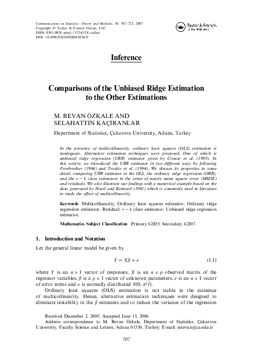 Pdf Combining Unbiased Ridge And Principal Component Regression Estimators