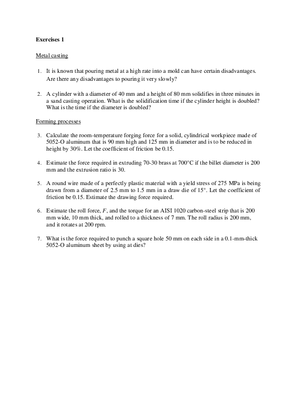 (PDF) Exercises 1 Metal casting
