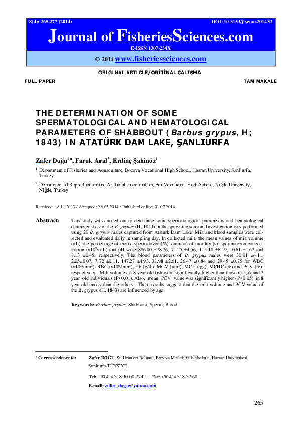 (PDF) The Determination of Some Spermatological and Hematological ...