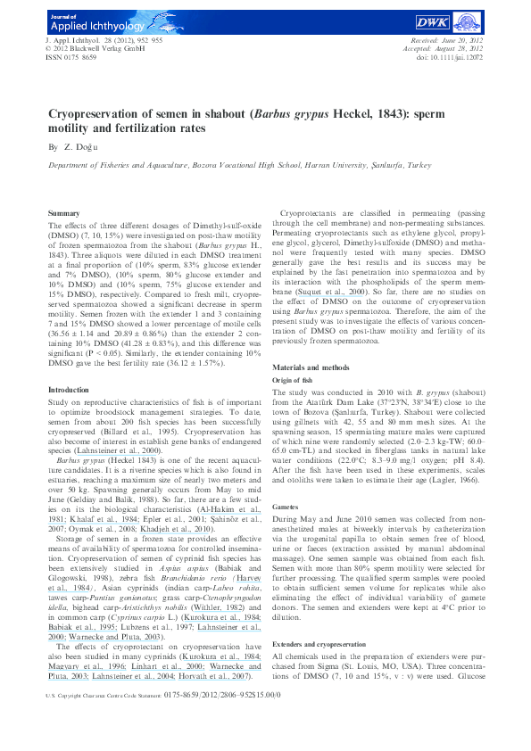 (PDF) Cryopreservation of semen in shabout ( Barbus grypus Heckel, 1843 ...