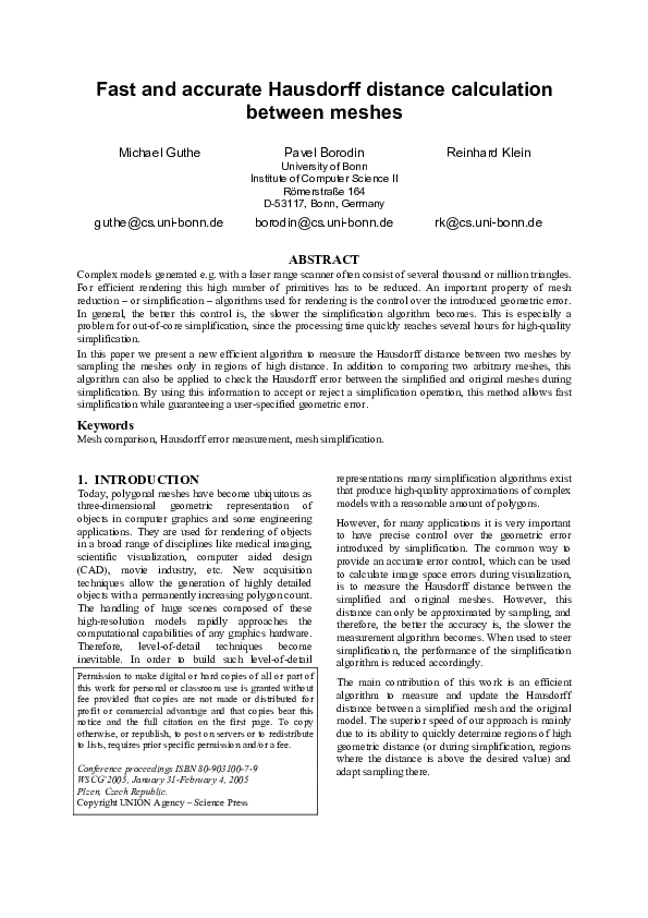 (PDF) Fast and Accurate Hausdorff Distance Calculation between Meshes