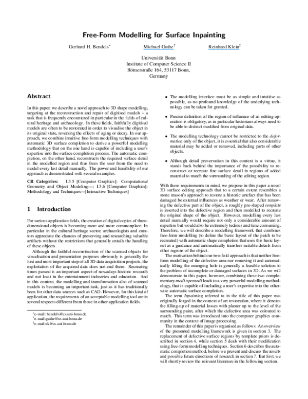 (PDF) Free-form modelling for surface inpainting