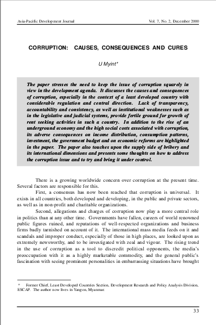 (PDF) Corruption: Causes, consequences and cures