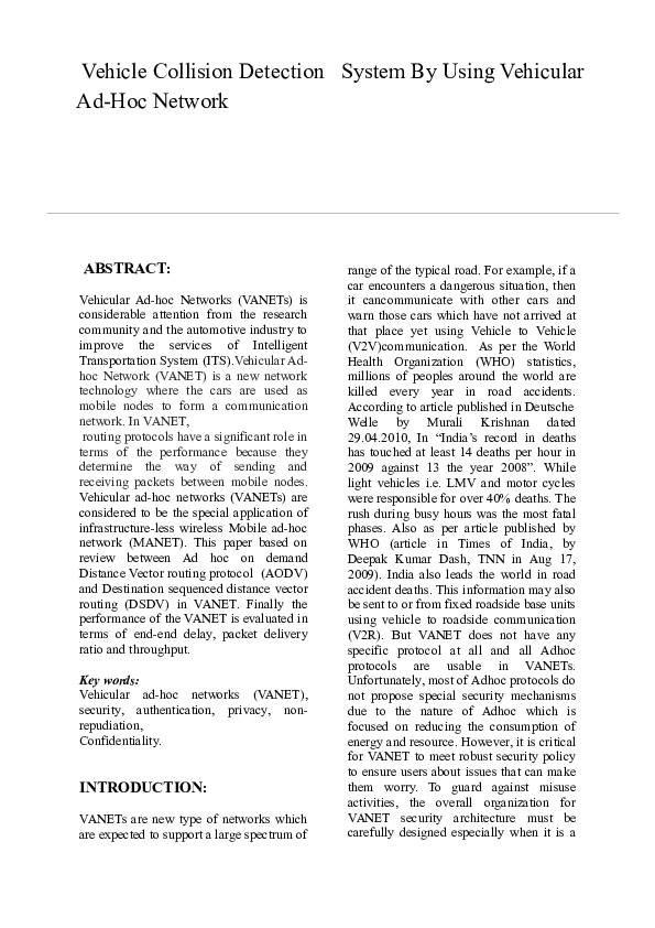 Doc An Efficient Vehicle Collision Detection And Avoidance System By Using Vehicular Ad