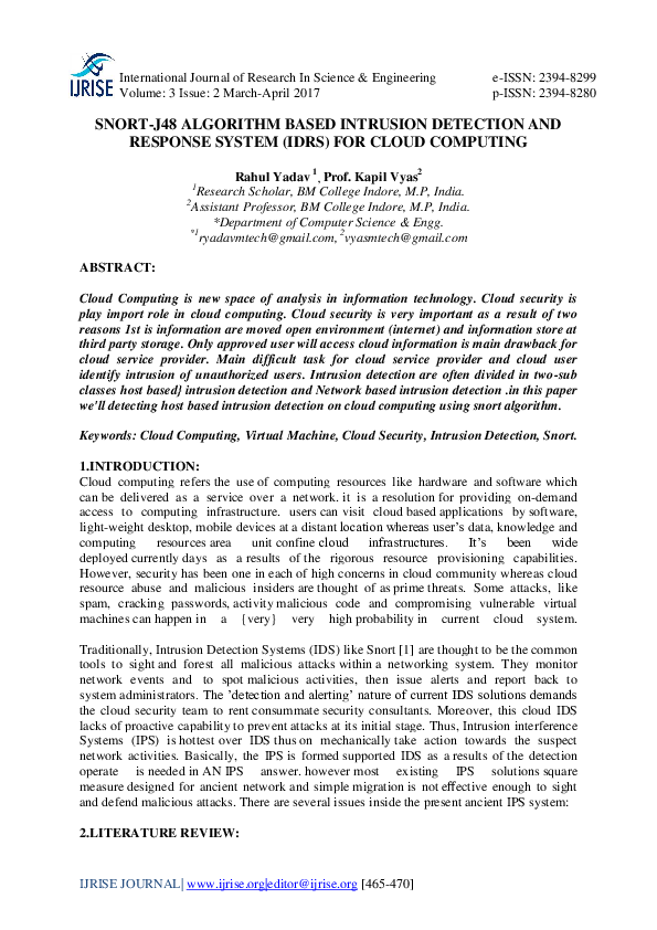 (PDF) SNORT-J48 ALGORITHM BASED INTRUSION DETECTION AND RESPONSE SYSTEM (IDRS) FOR CLOUD COMPUTING
